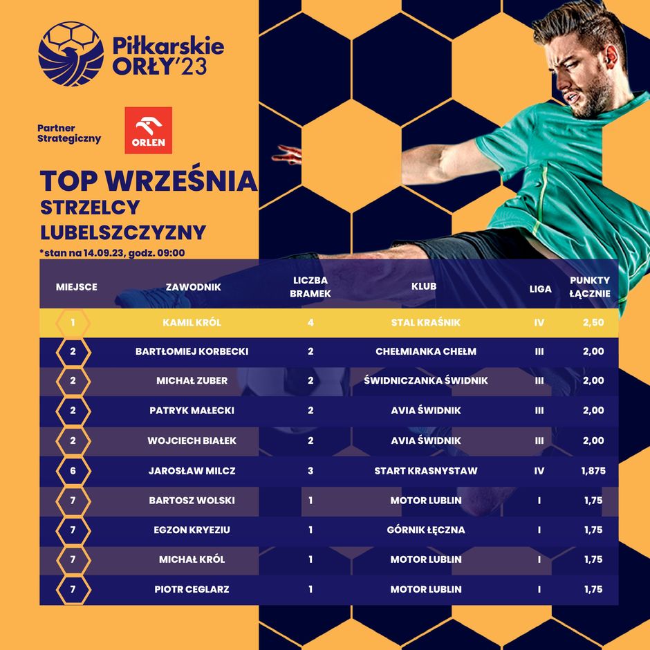 „Piłkarskie Orły” – Lubelszczyzna. Dobra forma Stali Kraśnik widoczna w rankingu. Prowadzi Kamil ...